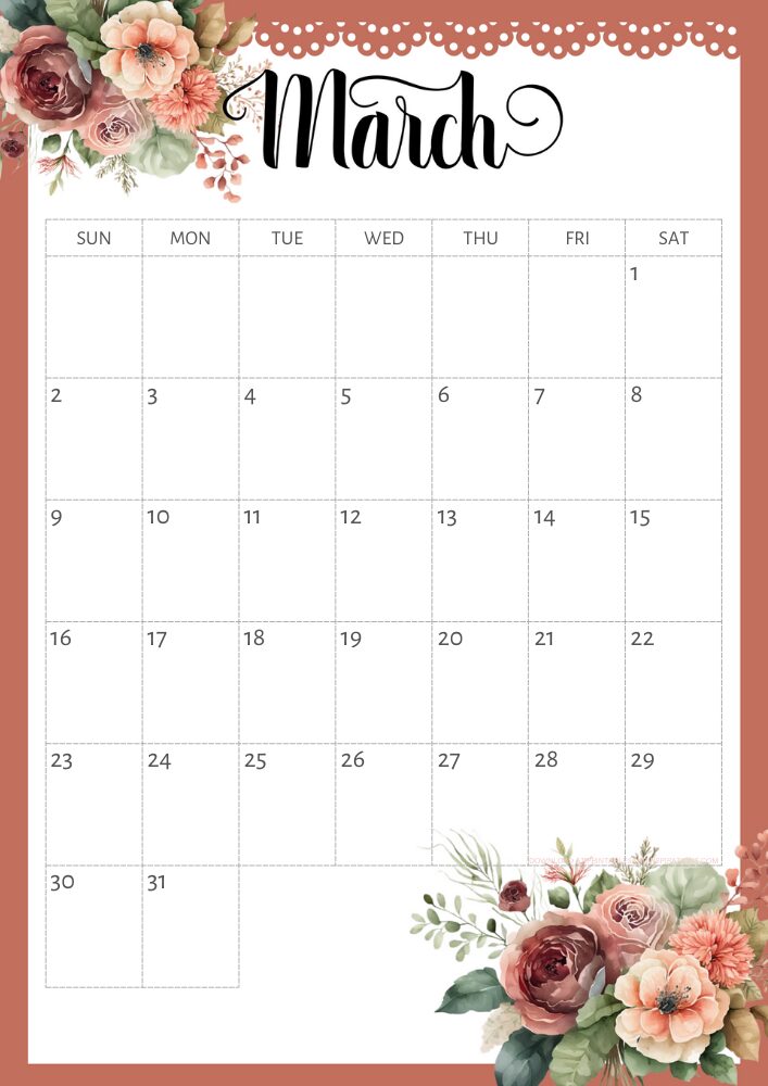 Pretty March 2025 Calendar Free Printable PDF - Printables and Inspirations
