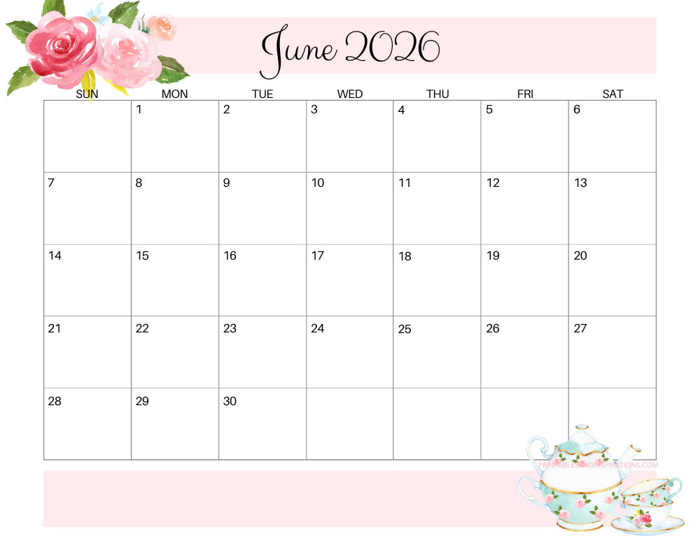 Pretty June 2026 Calendar Free Printable PDF - Printables and Inspirations