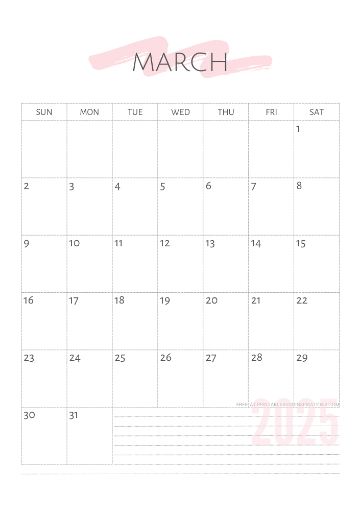 Pretty March 2025 Calendar Free Printable PDF - Printables and Inspirations