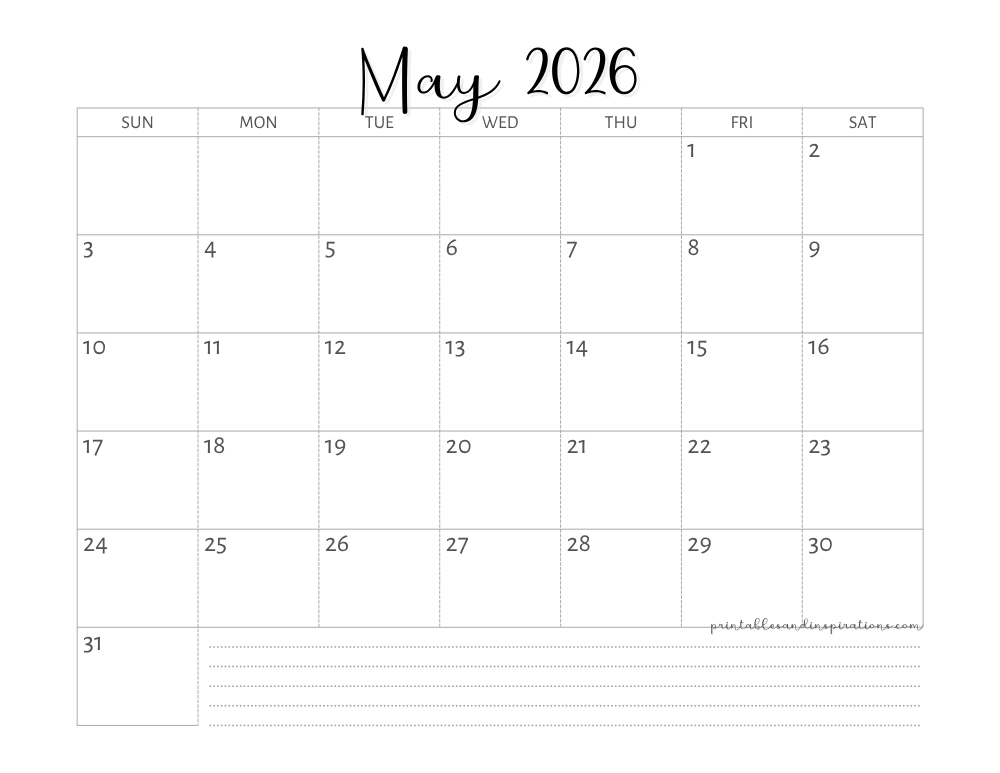 Free Printable 2026 Monthly Calendar Template PDF - Printables and ...