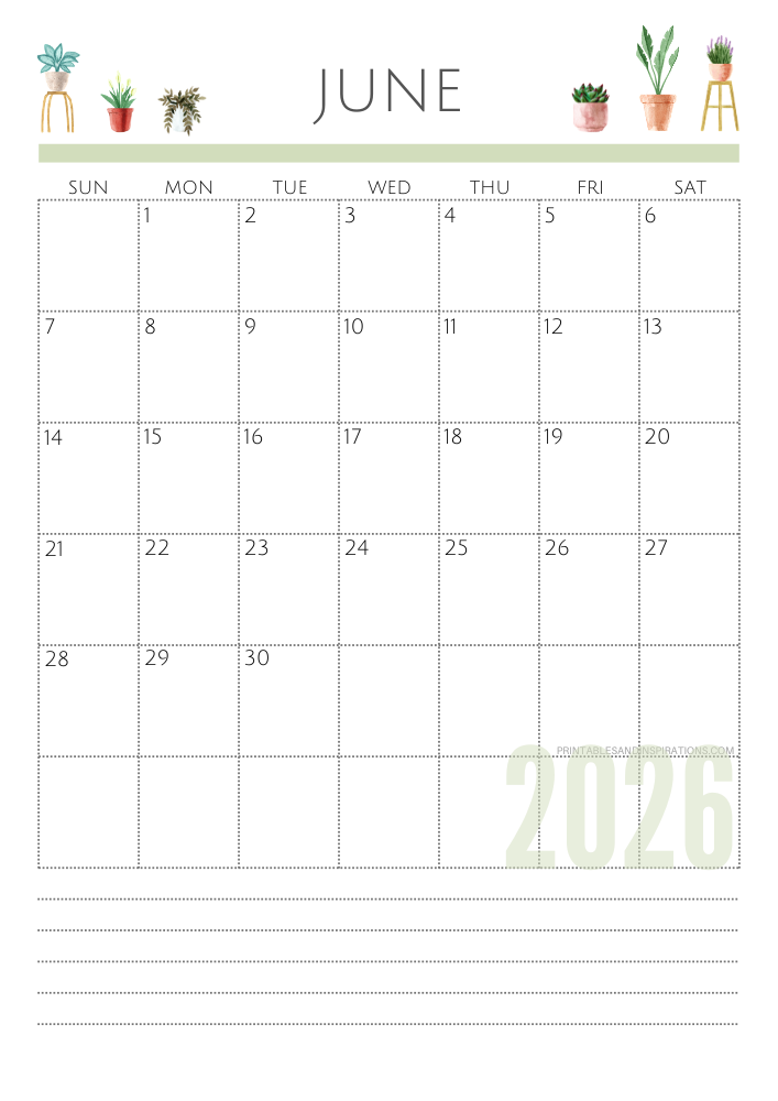 Pretty June 2026 Calendar Free Printable PDF - Printables and Inspirations
