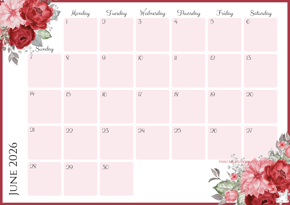 Pretty June 2026 Calendar Free Printable PDF - Printables and Inspirations